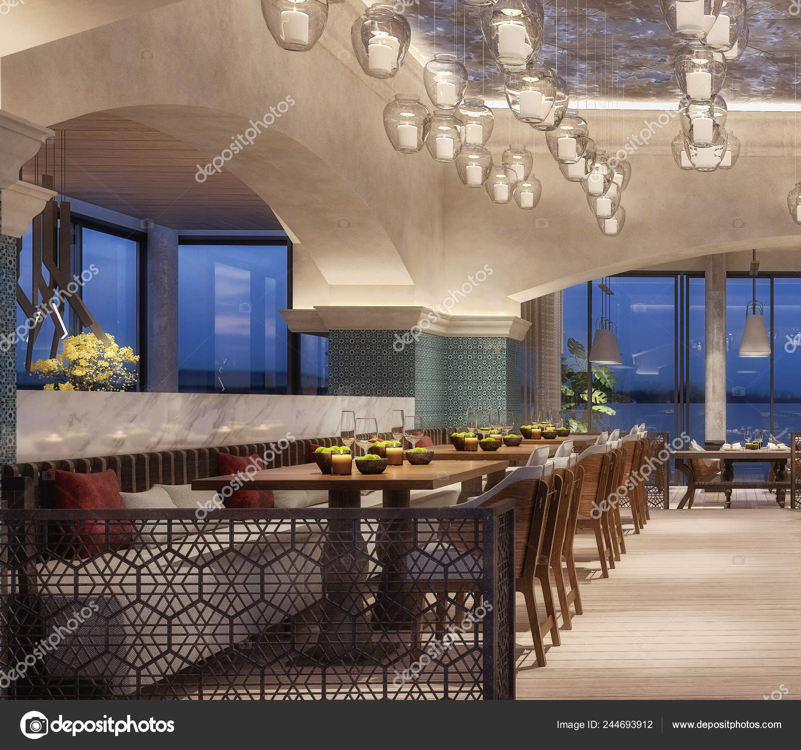 Modern Inredning Restaurang Arabisk Stil Med Välvda Balkar Och Ljus ...