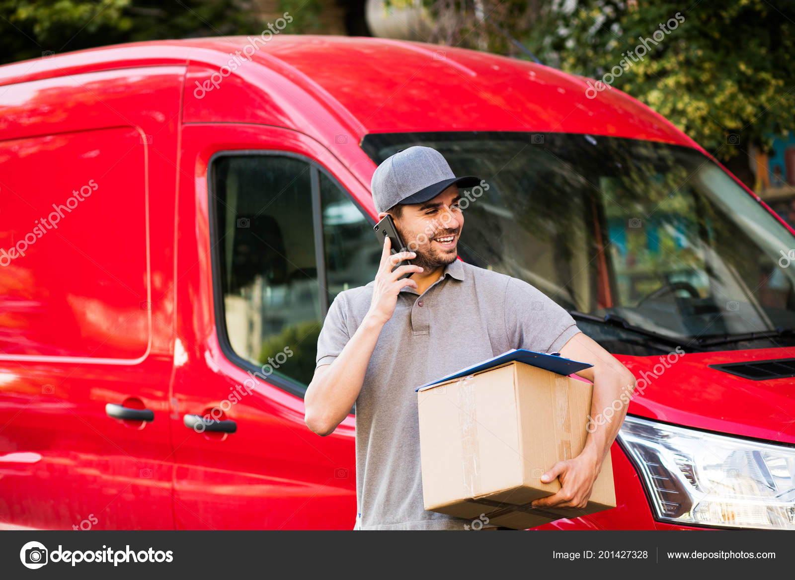Your Shipping Here Delivery Man Grey Shirt Cap Standing His Stock Photo ...