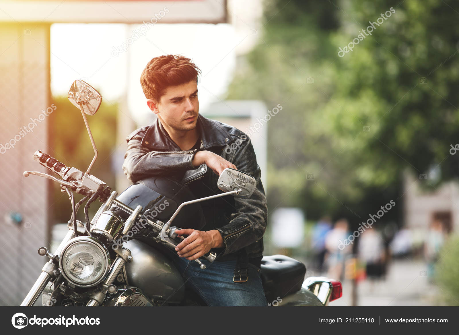 Young Cool Handsome Man Sitting His Motorcycle Waiting Someone Relaxing ...