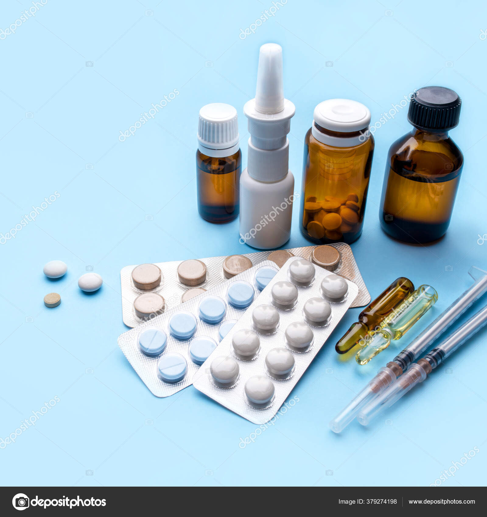 Tablets, pack of medicines with medicine bottles on a blue background ...