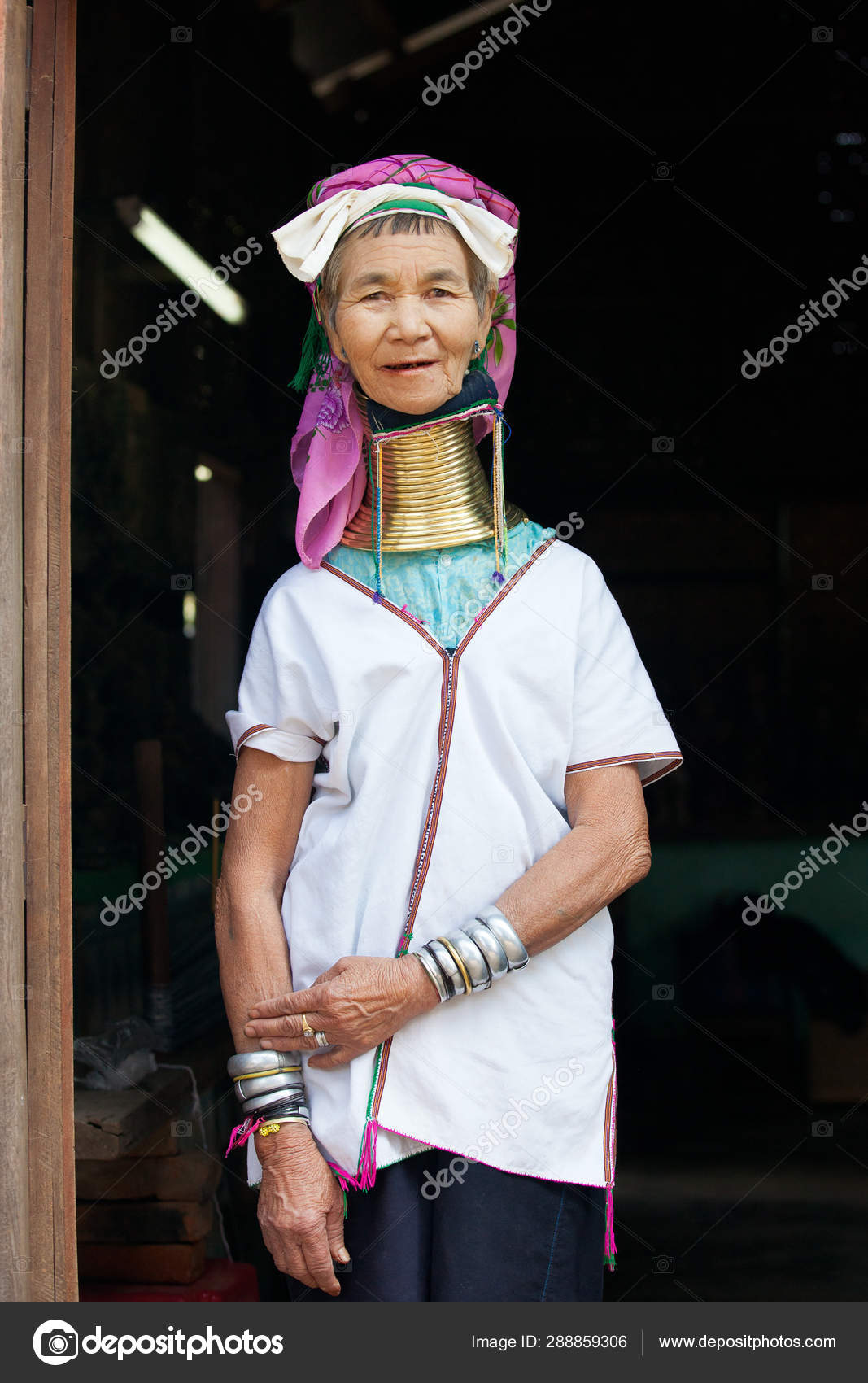 Myanmar, Burma - December 30, 2013: Smiling long-neck Kayan Padaung ...