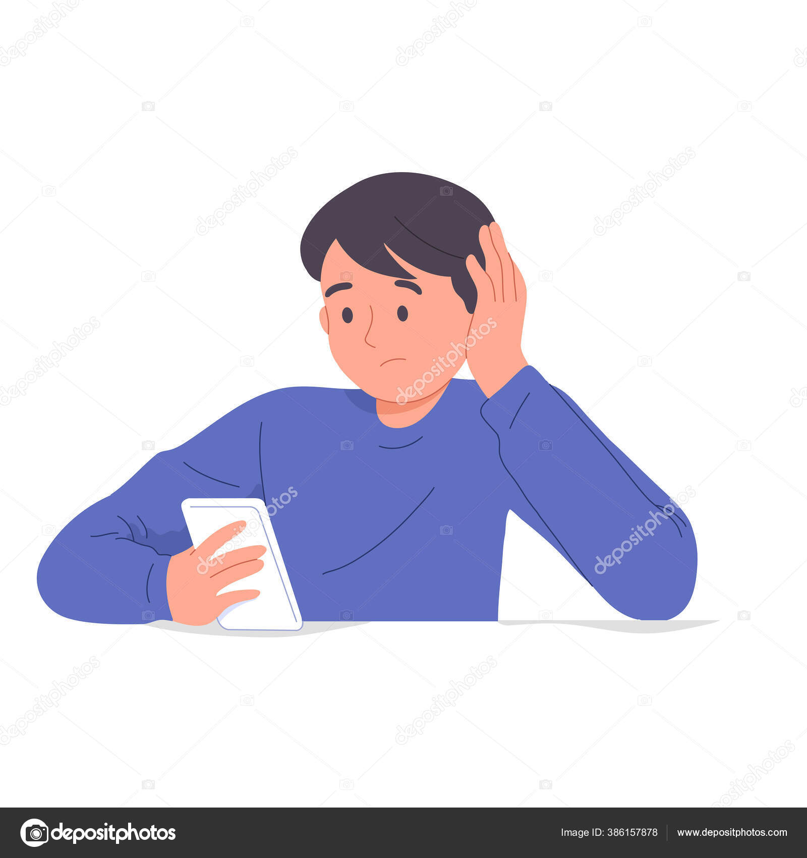 Vector Illustration Young Man Sitting Holding Cellphone Bored Face ...