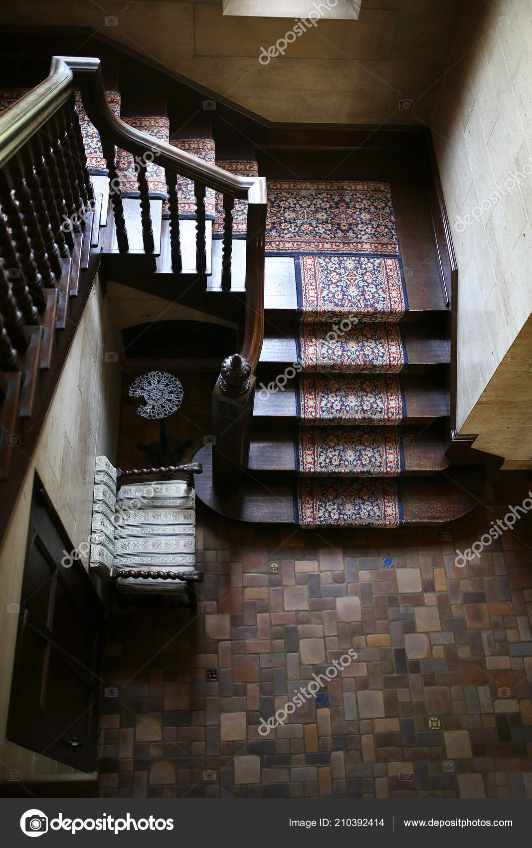 Overhead View Grand Staircase Stone Brick Floor Historic Old 1920'S ...