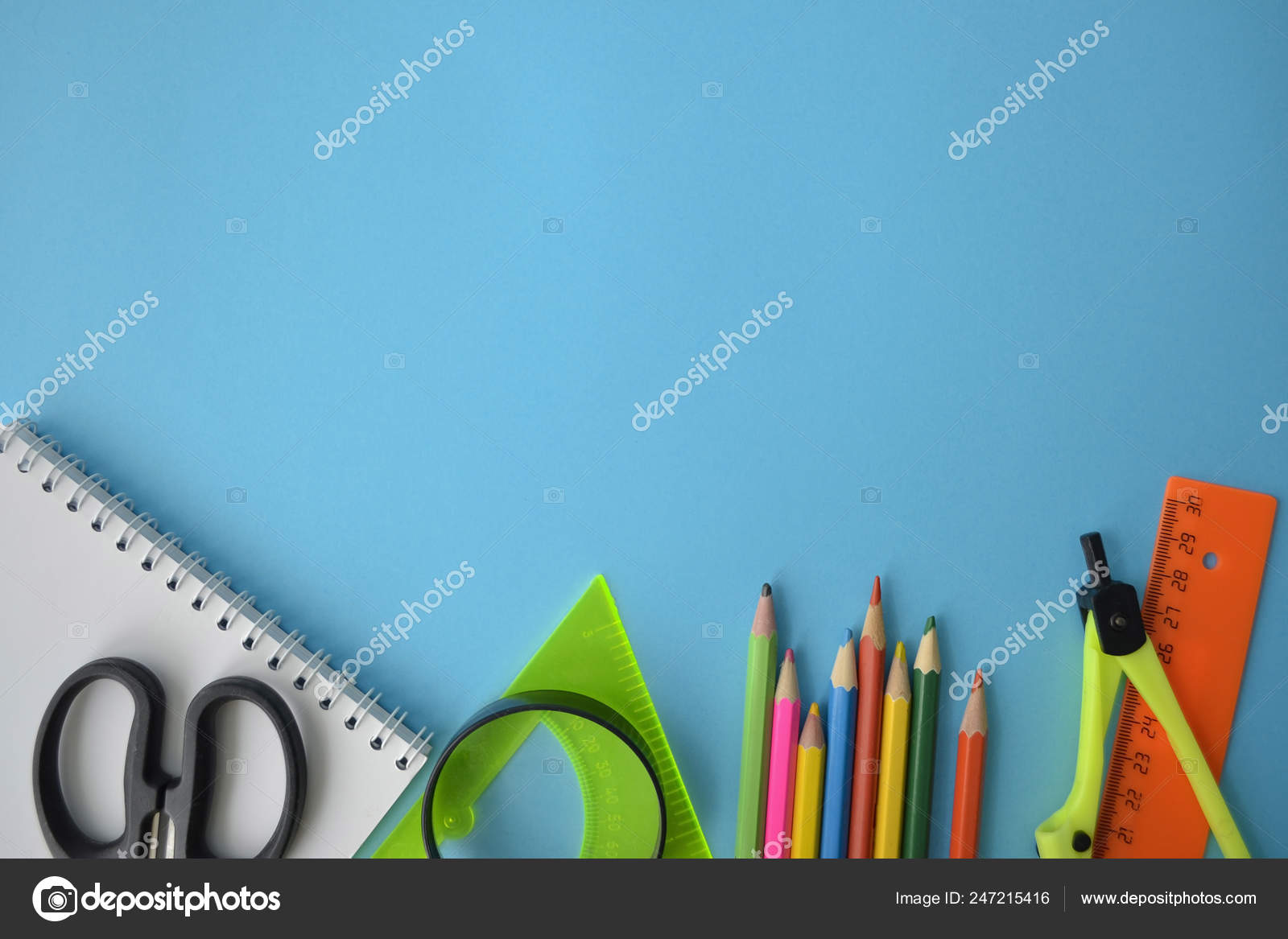 School Notebook Colored Pencils Rulers Scissors Blue Background — Stock ...