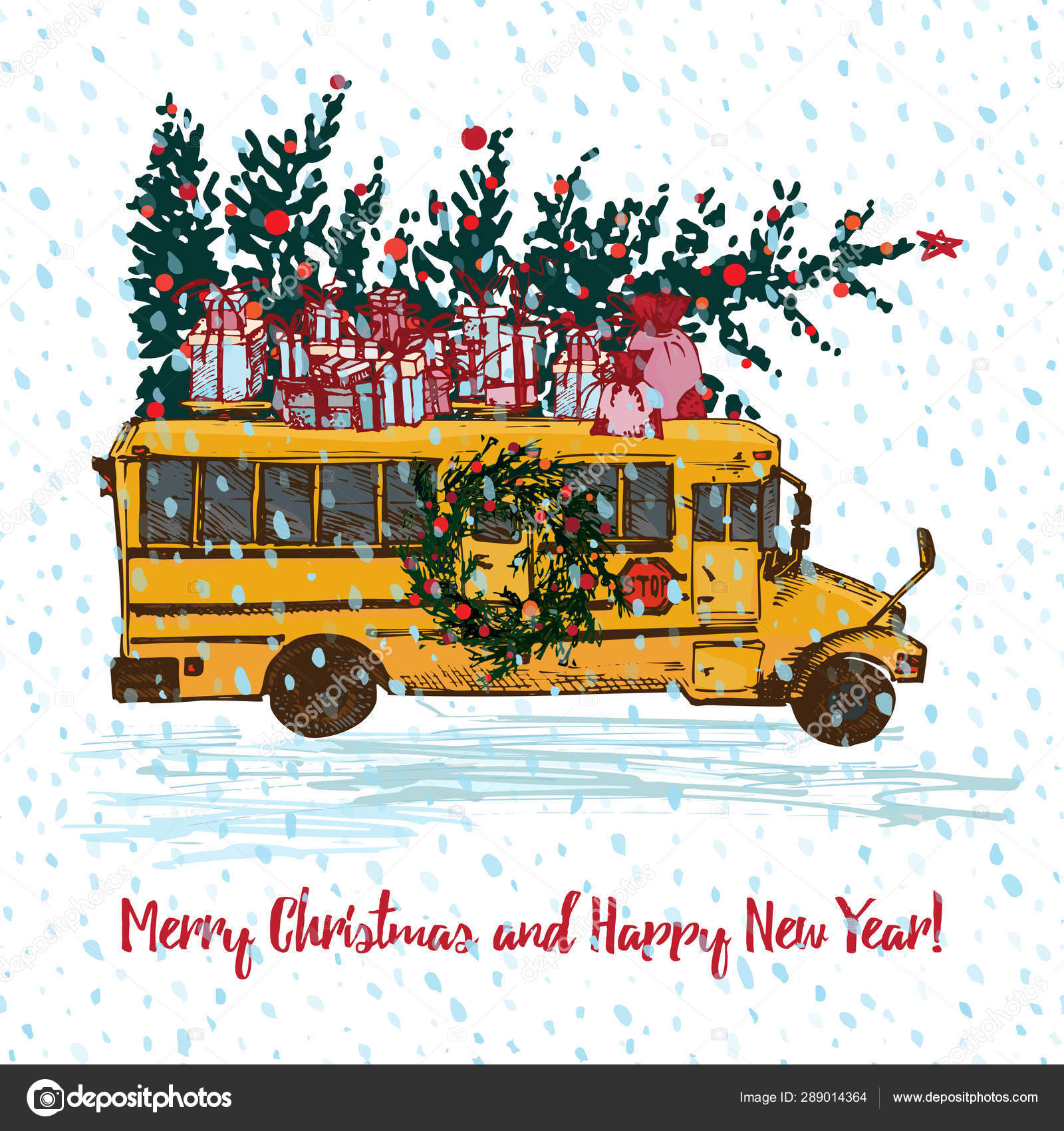 Festive Christmas card. Yellow school bus with fir tree decorated red ...