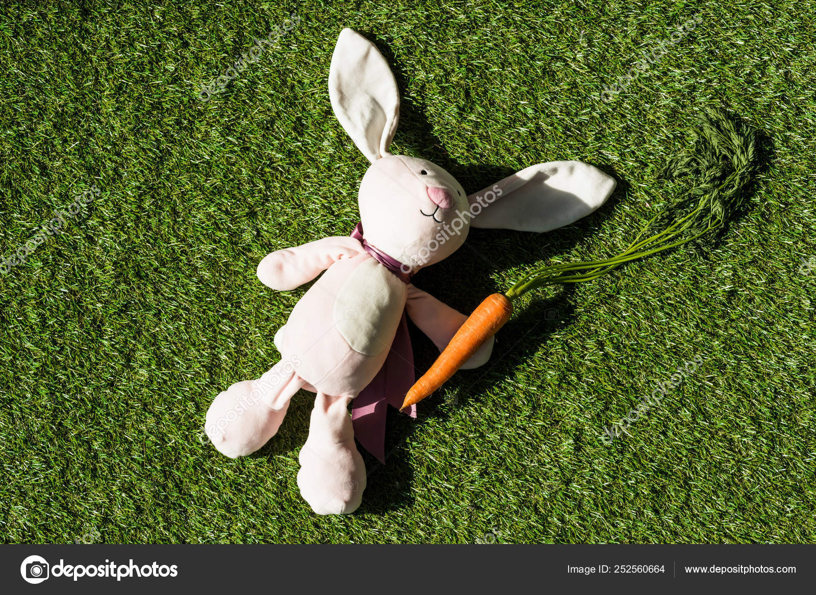 Top View Toy Rabbit Fresh Carrot Green Grass Surface — Stock Photo ...