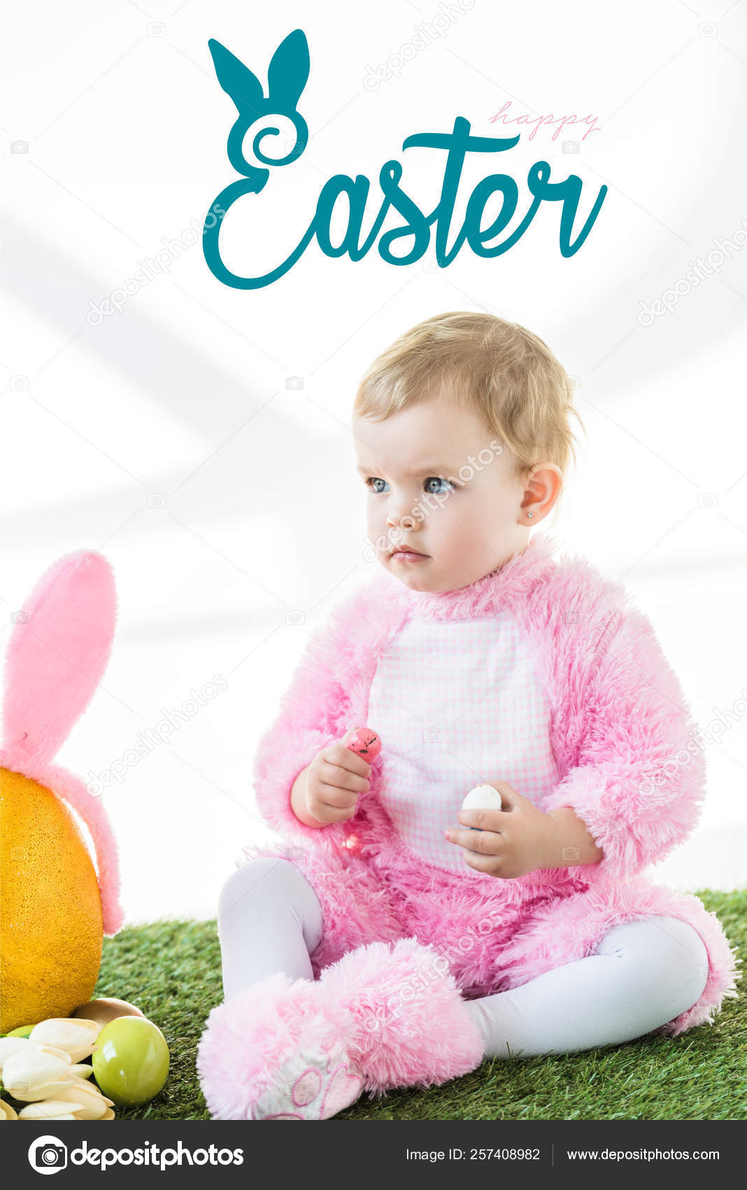 Cute Baby Bunny Costume Sitting Green Grass Happy Easter Lettering ...