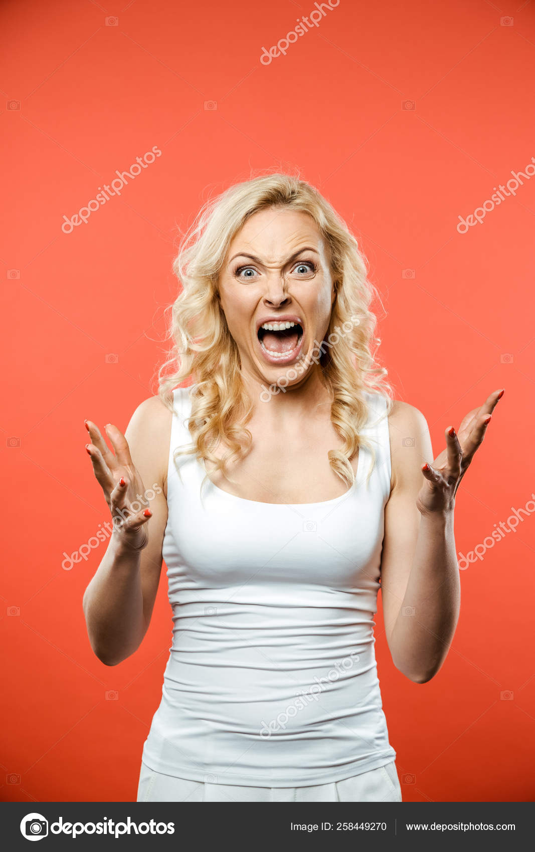 Scared Blonde Woman Looking Camera Screaming Red Stock Photo by ...