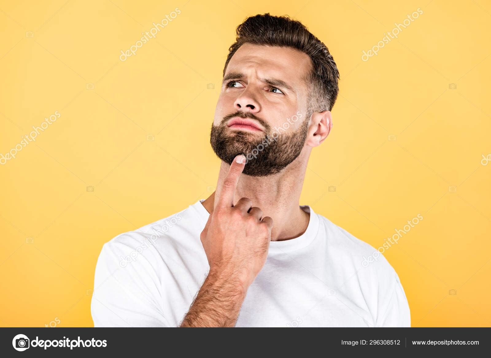Pensive Handsome Man White Shirt Looking Away Isolated Yellow Stock ... Pensive Handsome Man White Shirt Looking Away Isolated Yellow Stock ...