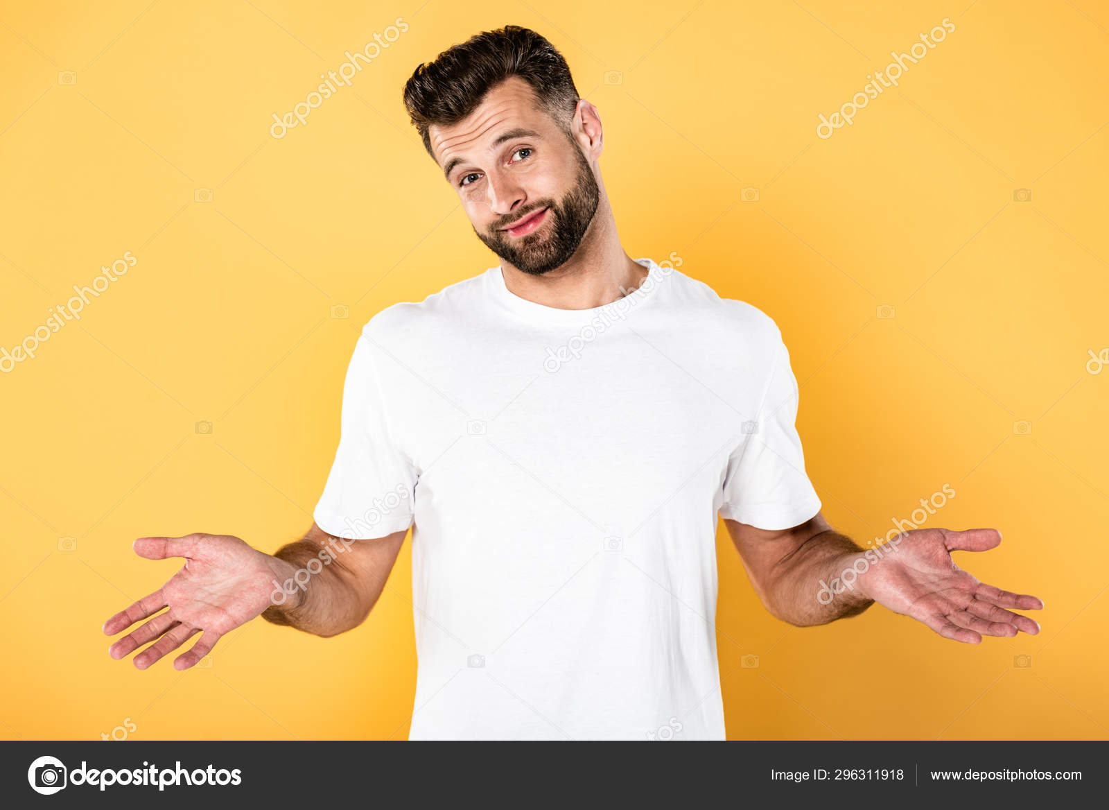 Smiling Handsome Man White Shirt Showing Shrug Gesture Isolated Yellow ...