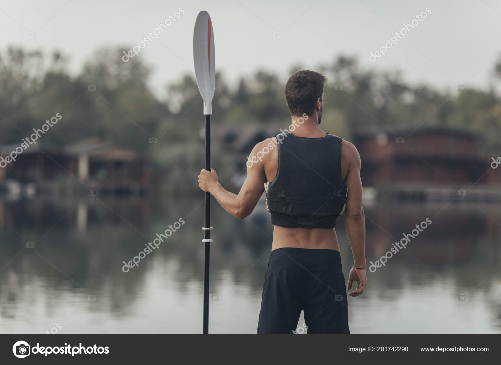 Back View Handsome Sportsman Kayaker Standing Deck River — Stock Photo ...