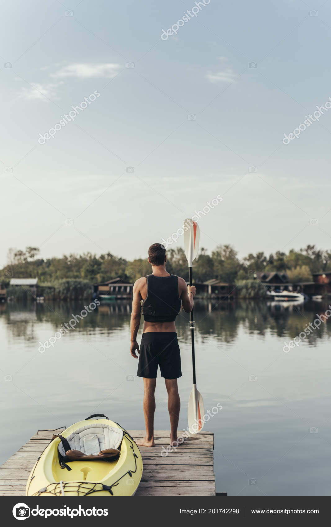 Back View Handsome Sportsman Kayaker Standing Deck River — Stock Photo ...