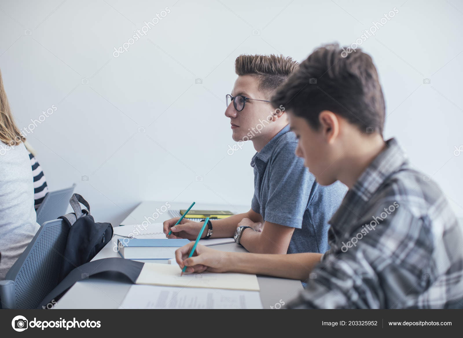 High School Student Writing Modern Classroom — Stock Photo ...