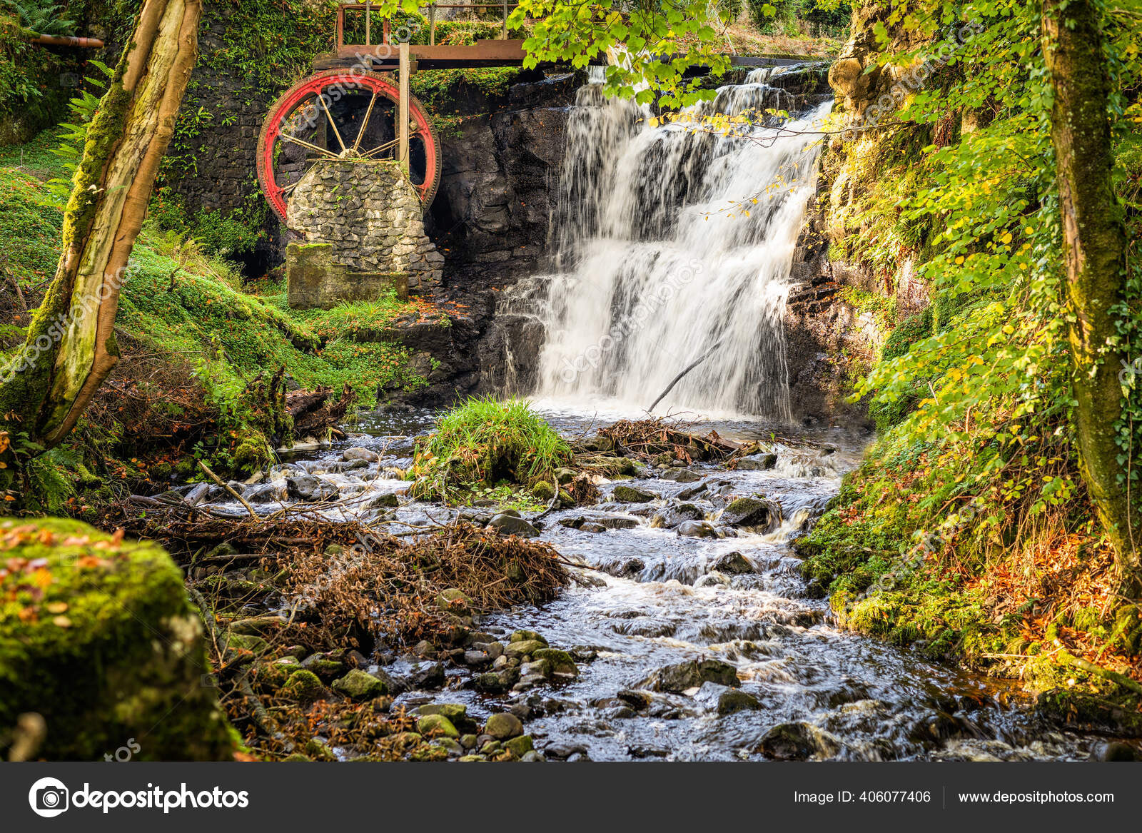 Vintage Red Waterwheel Waterfall Autumn Colours Glenariff Forest Park ...