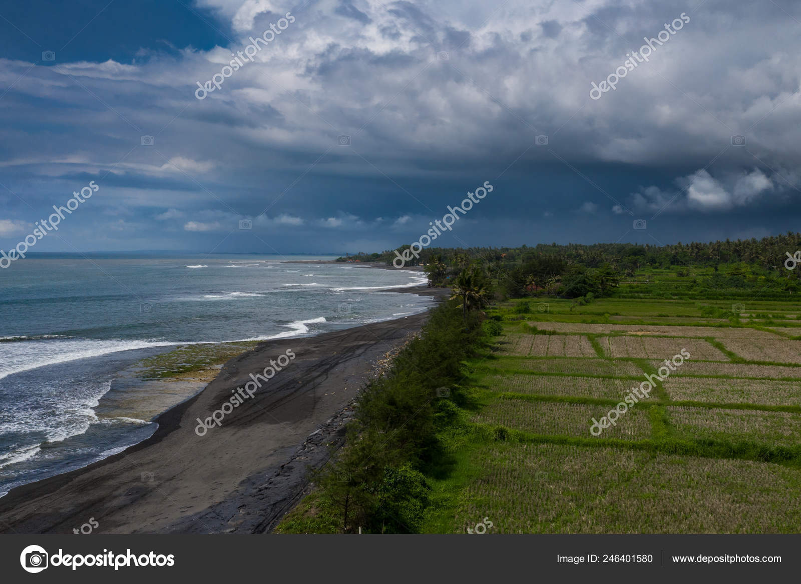 Arial Shot Black Sand Beach Rice Fields Bali Indonesia — Stock Photo ...