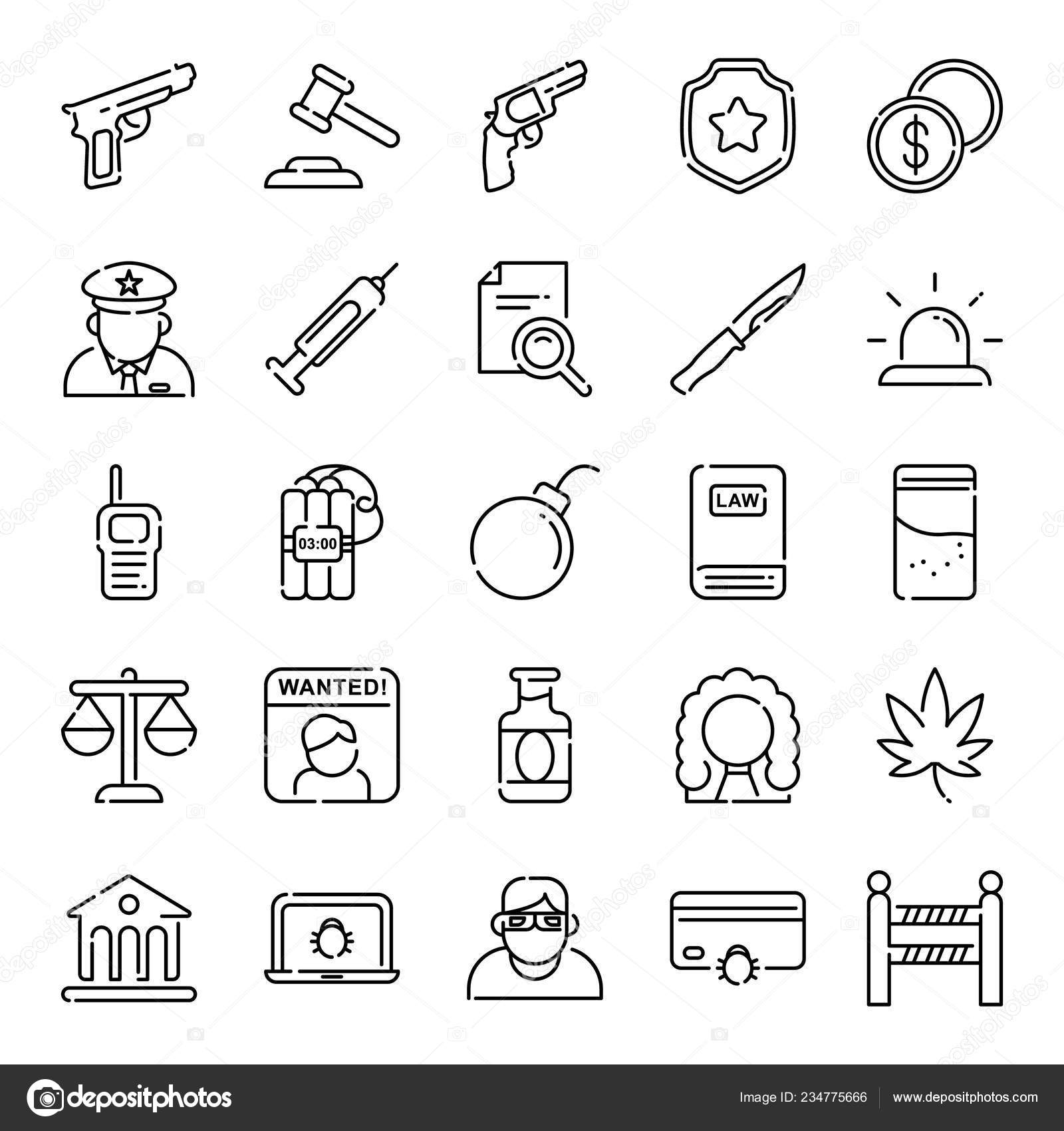 Paquete Iconos Del Crimen Colección Símbolos Aislados Vector de stock ...