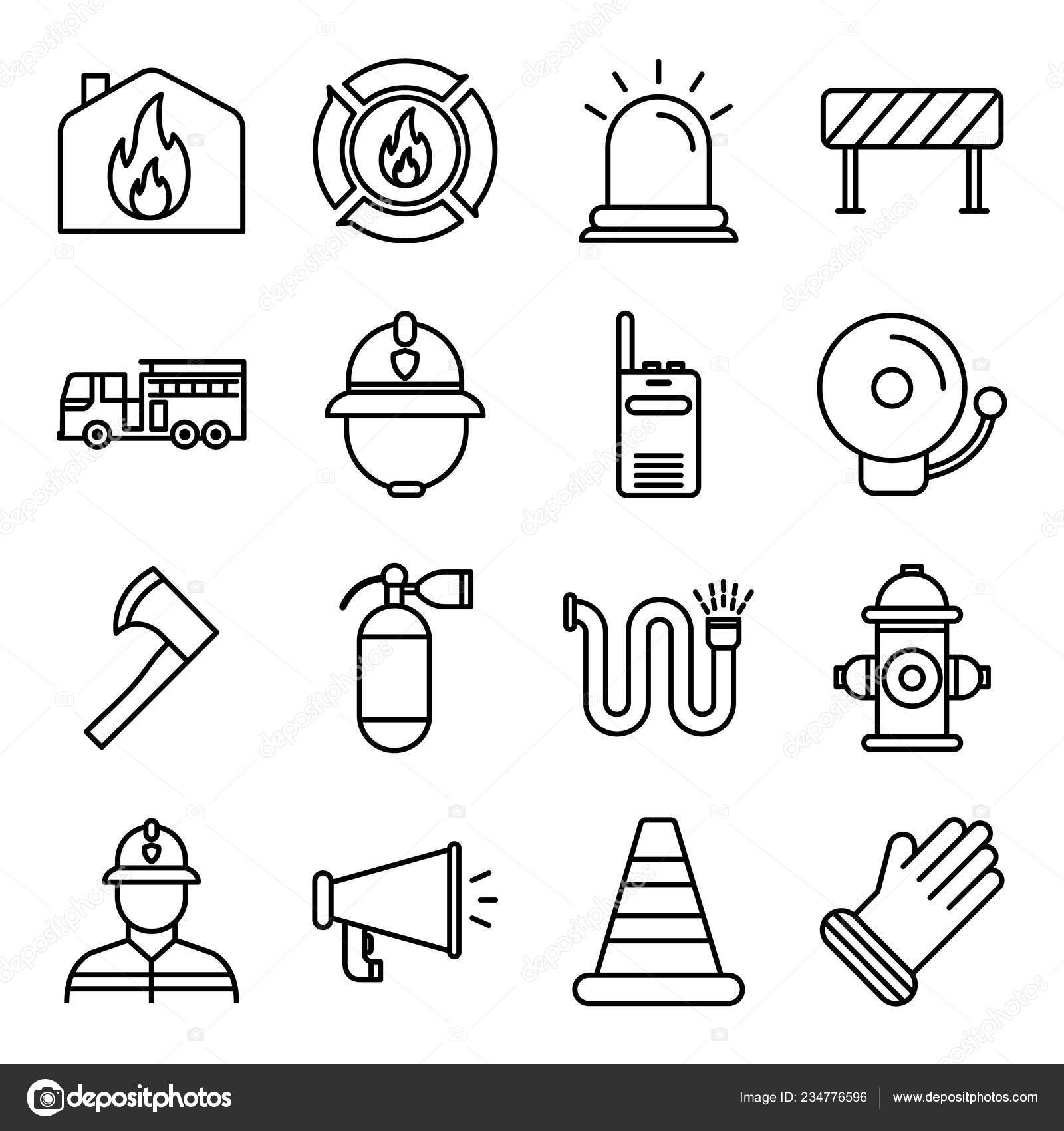 Fire Department Icons Pack Isolated Symbols Collection Stock Vector ...