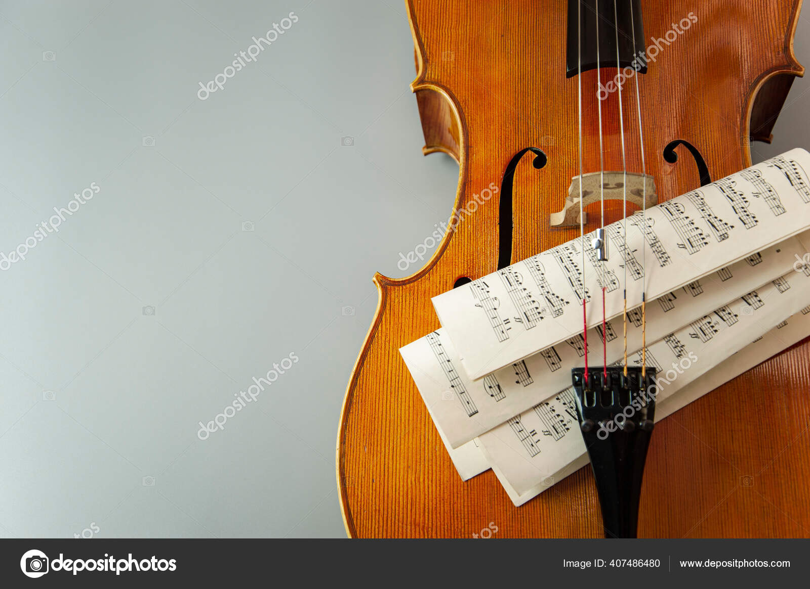 Fragmento Violonchelo Violín Sobre Fondo Gris Con Notas Lugar Para ...