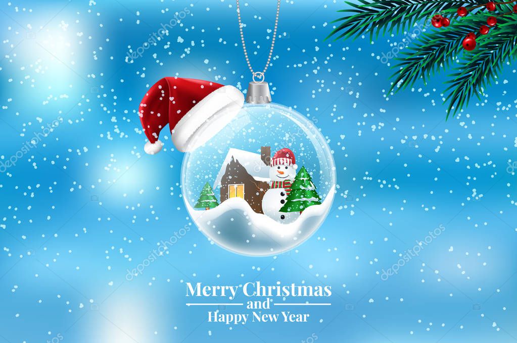 Bola de cristal, bola de nieve con árbol de Navidad nevado, abeto en el ...