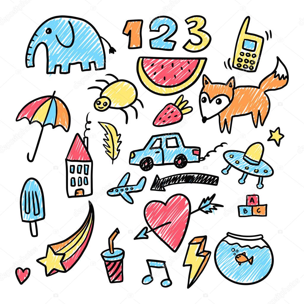 Colección Conjunto de garabatos dibujados a mano linda ilustración ...