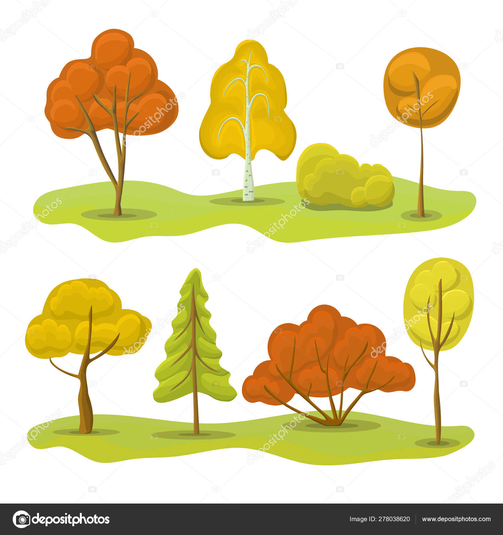 Autumn Trees and bush Set. Illustration of cartoon autumn forest trees ...