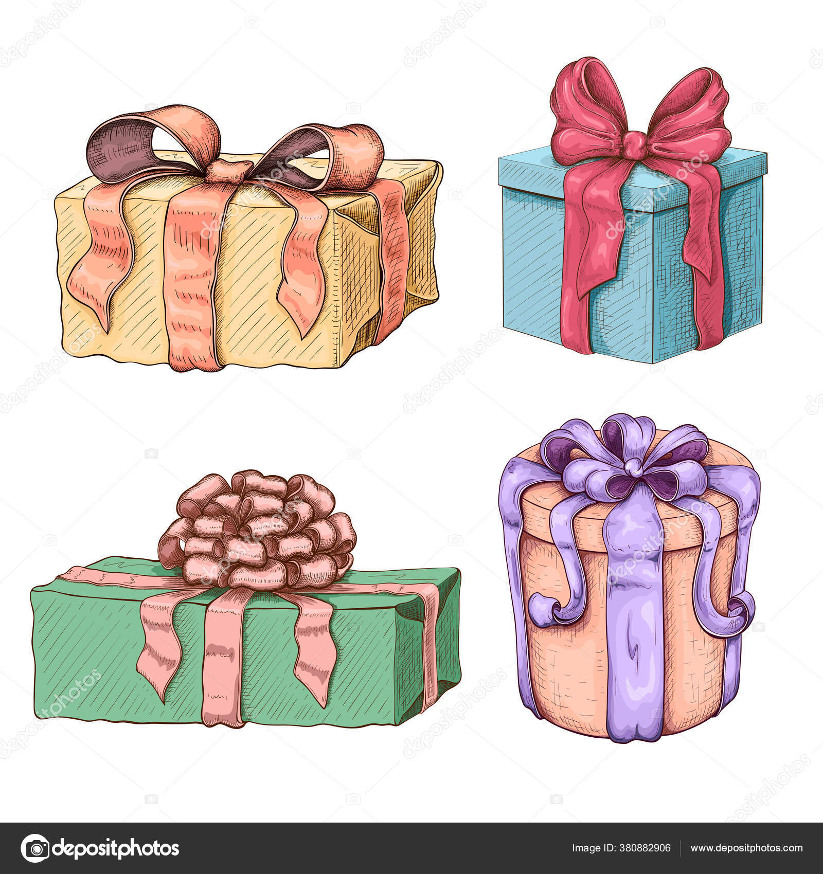 Hand drawn vintage gift box collection. engraved illustration of ...