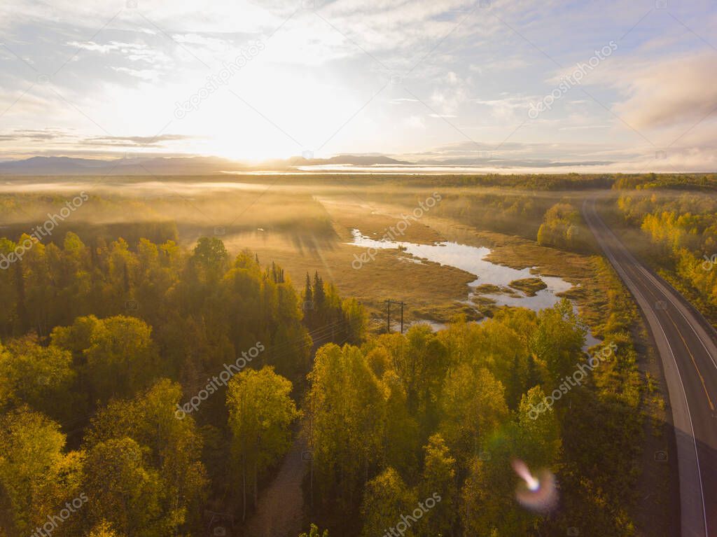 Alaska Route 3 aka George Parks Highway and Alaska landscape aerial ...