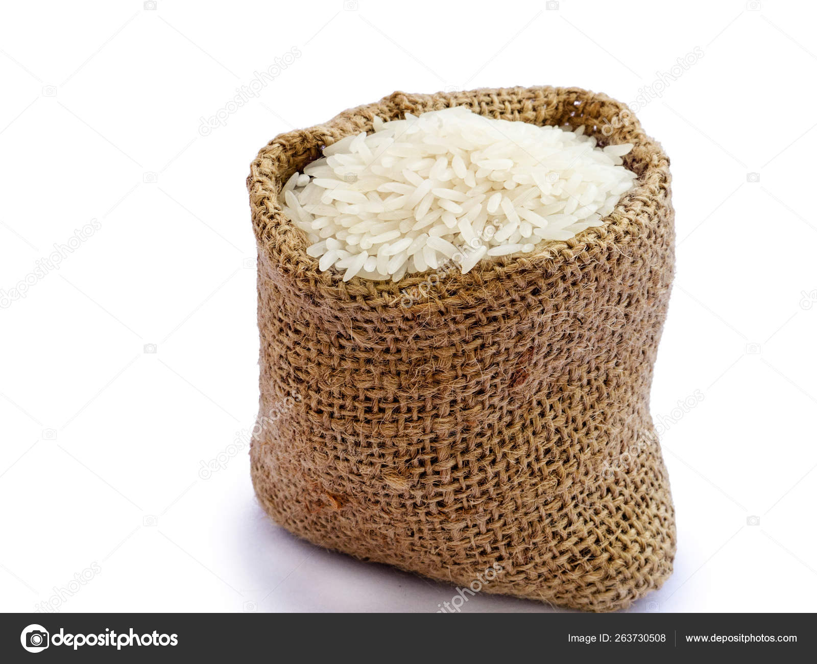 Thai jasmine rice in sack, white rice on burlap sack background with ...