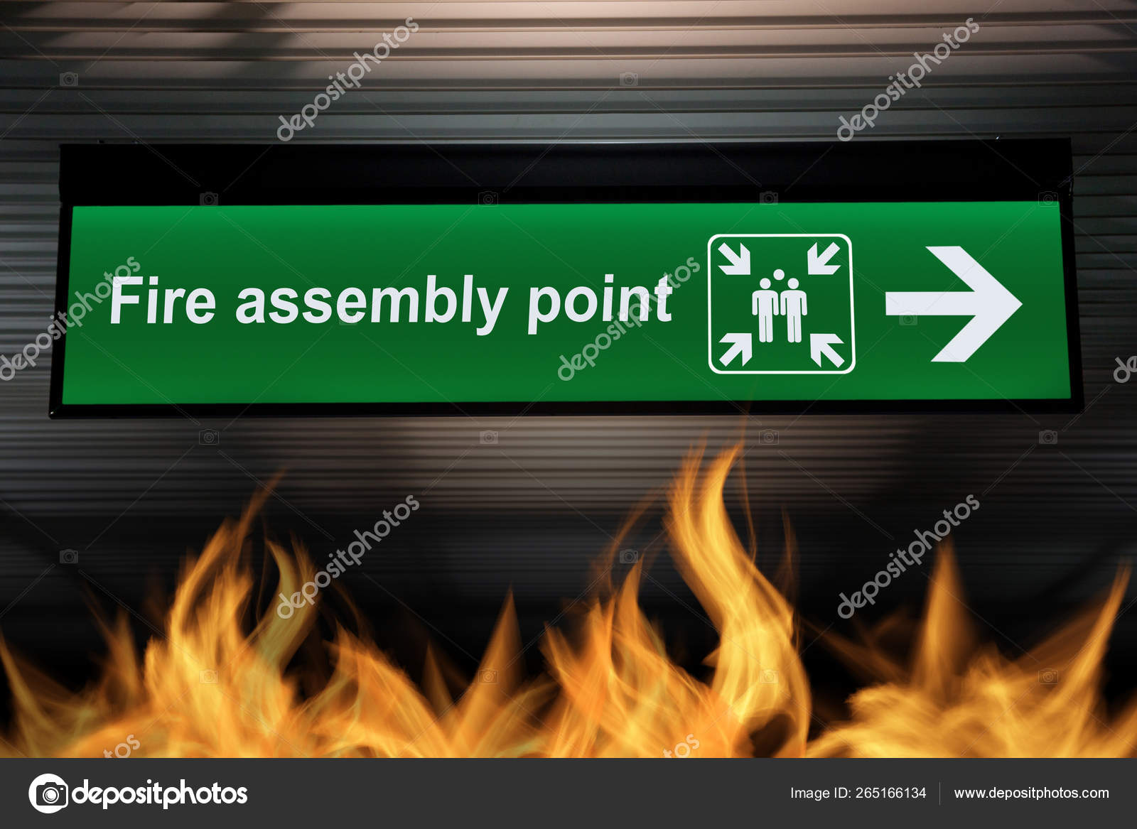 Green fire assembly point sign hanging from ceiling with fire flames ...