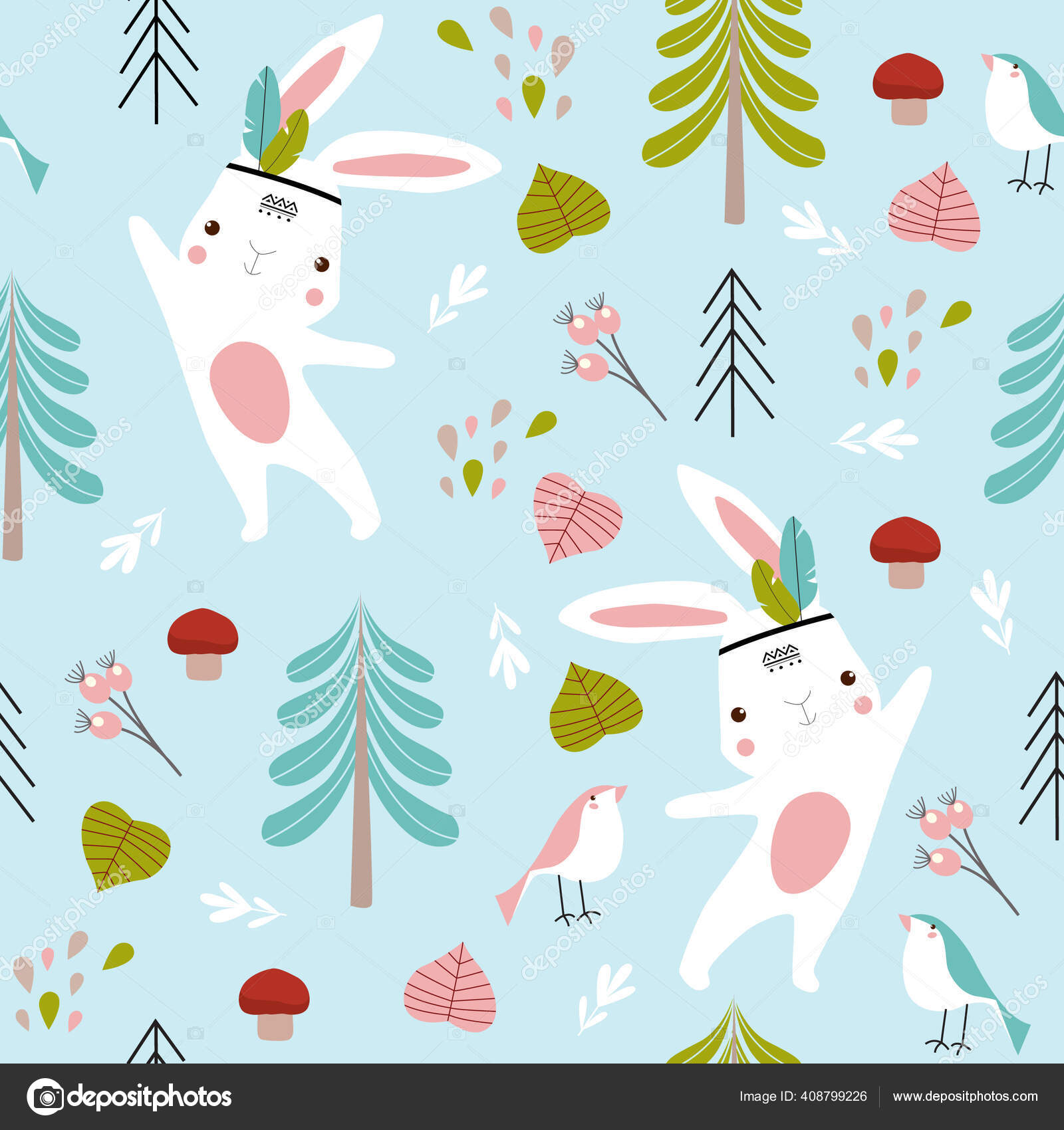 Print Vector Forest Pattern Bunnies White Rabbit Blue Background Stock ...