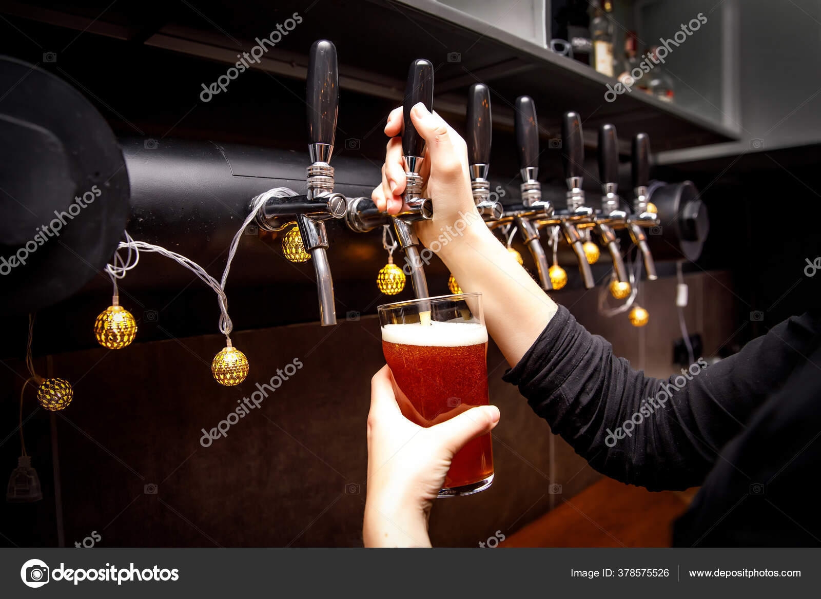 Bartender Pours Fresh Ale Tap Tap — Stock Photo © 9parusnikov #378575526