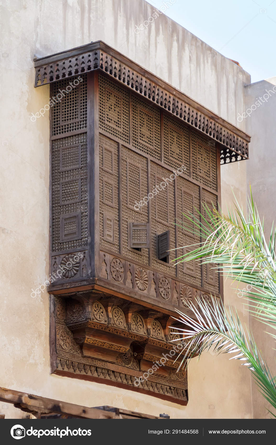 Mamluk era style oriel window covered by interleaved wooden grid ...