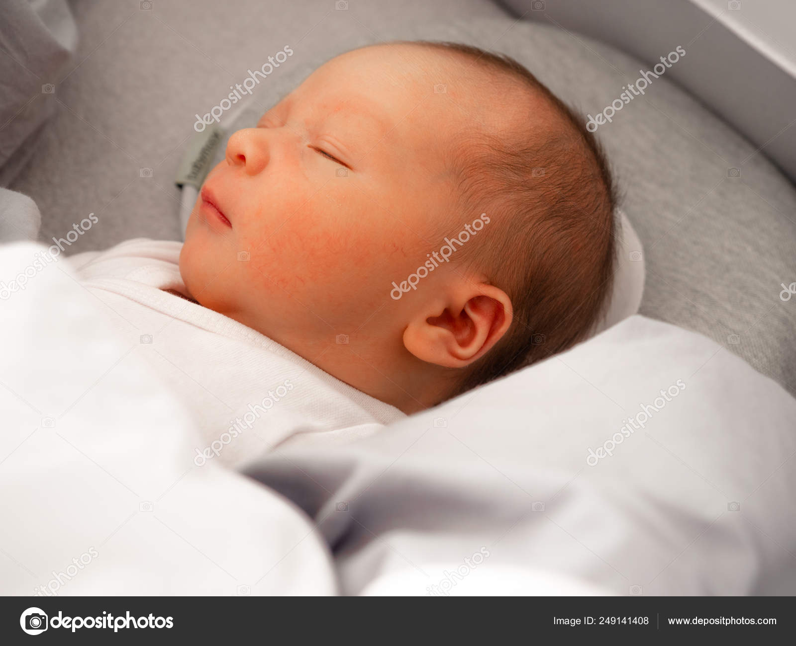 Close-up portrait cute little mixed race Asian and Caucasian baby son ...