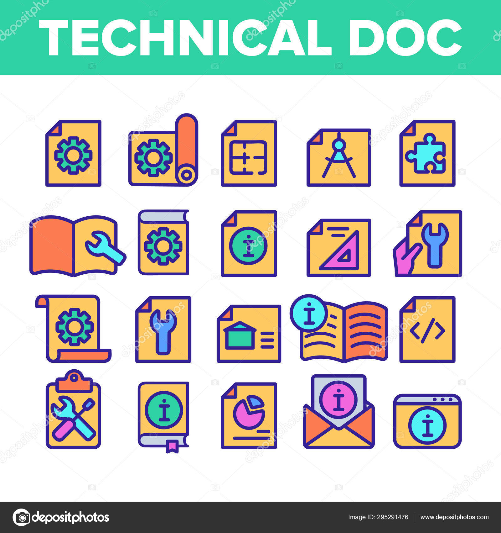 Color Technical Documentation Thin Line Icons Set Vector — Stock Vector ...