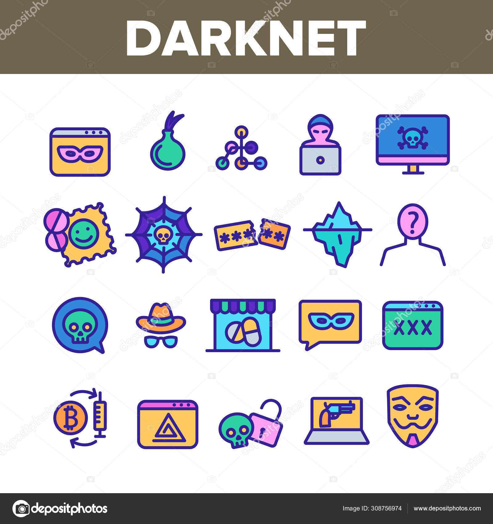 Darknet Collection Web Elements Icons Color Set Vector Stock Vector ...