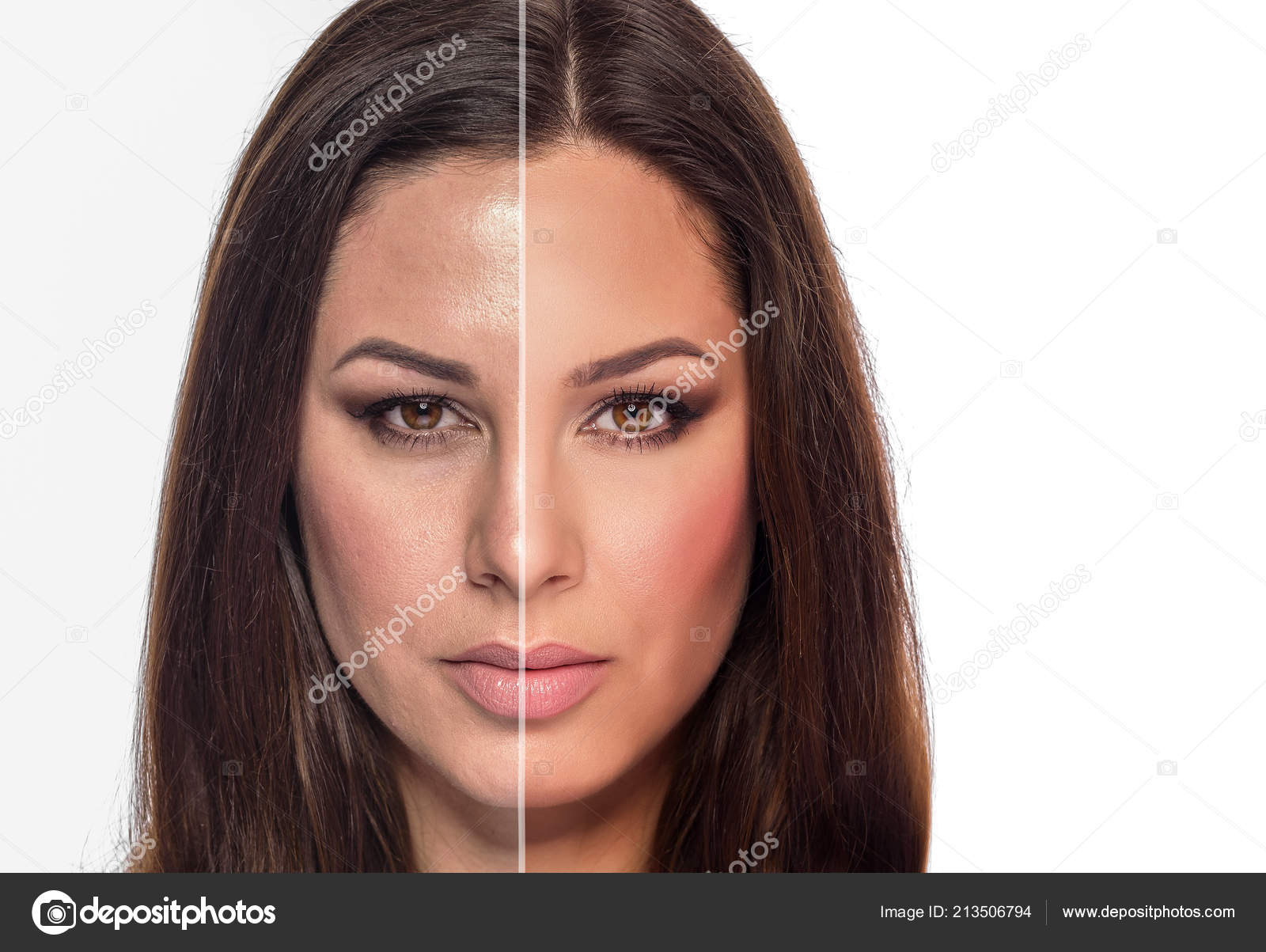 A womans portrait with retouched and without retouching is divided into ...