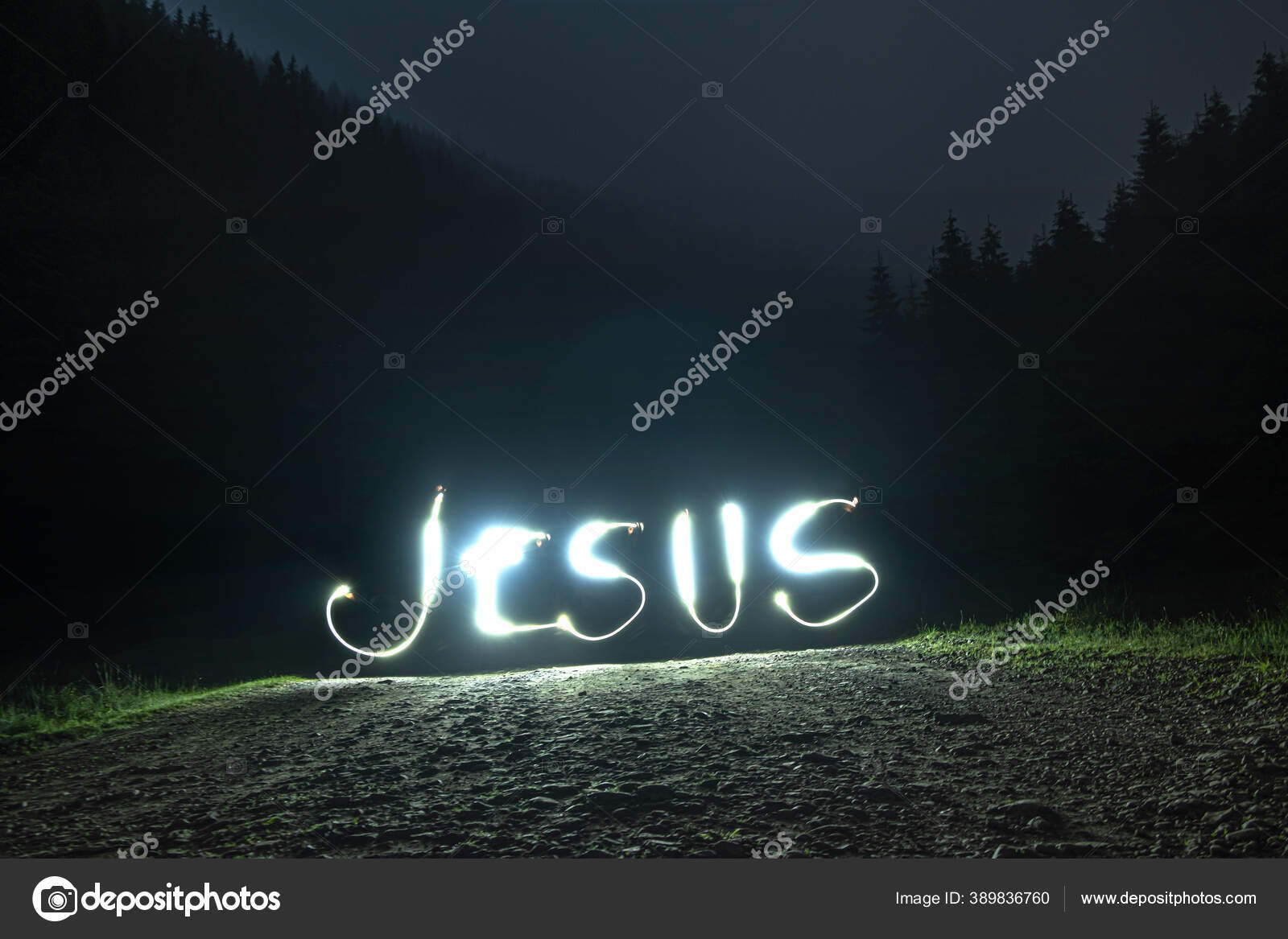 Inscription Jesus made on a long exposure at night on the road among ...