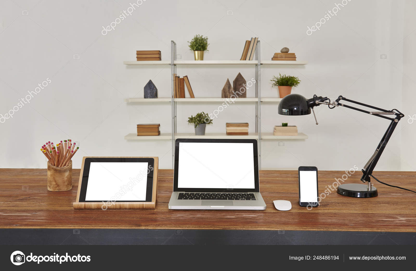 Laptop Tablet Wood Table Office Interior Bookcase Background Home ...