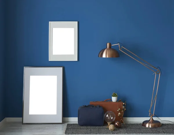 Blue Wall Frame Old Books Interior Design — Stock Photo ...