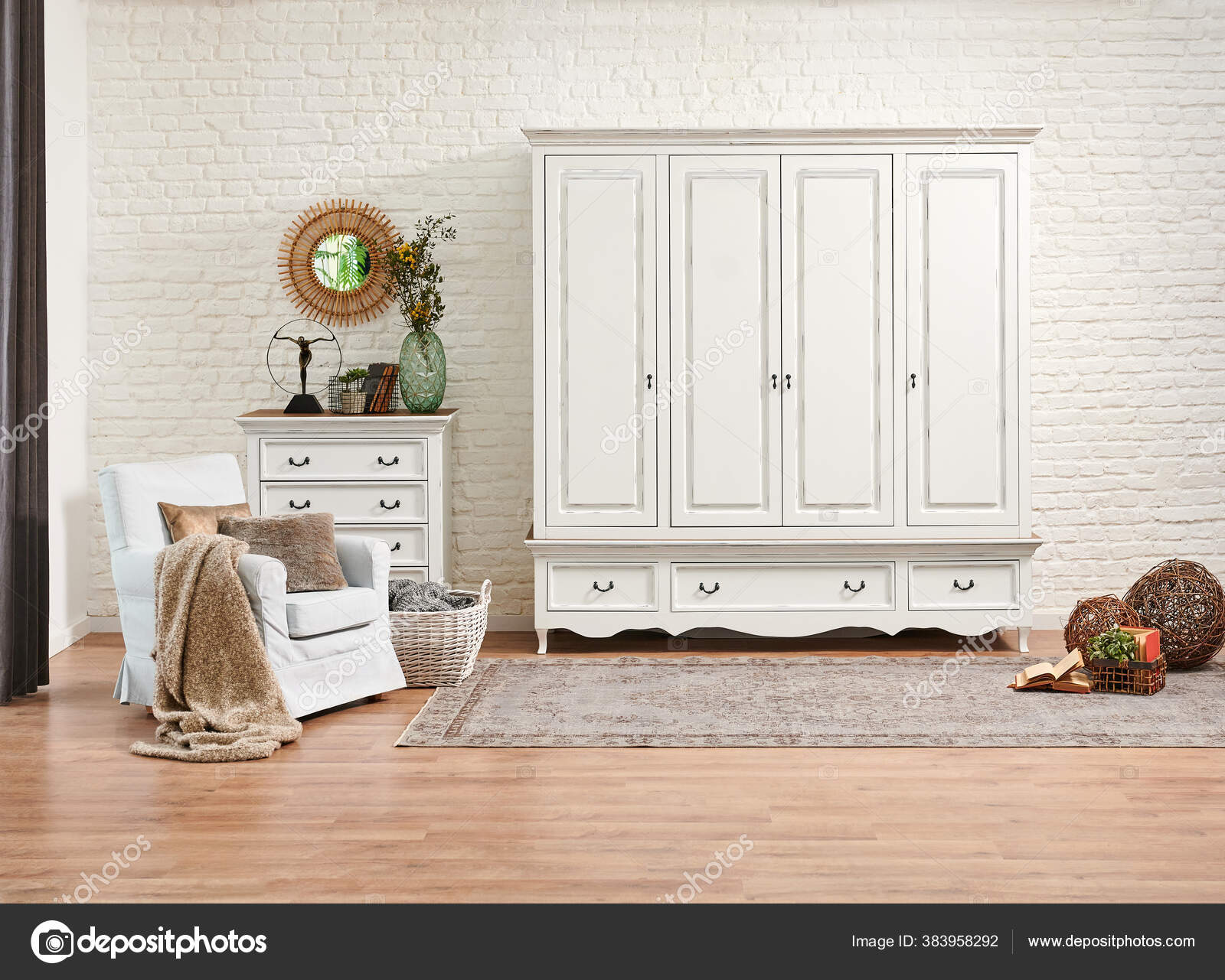 White Classic Wardrobe Drawer Front Brick Wall Accessory Carpet Mirror ...