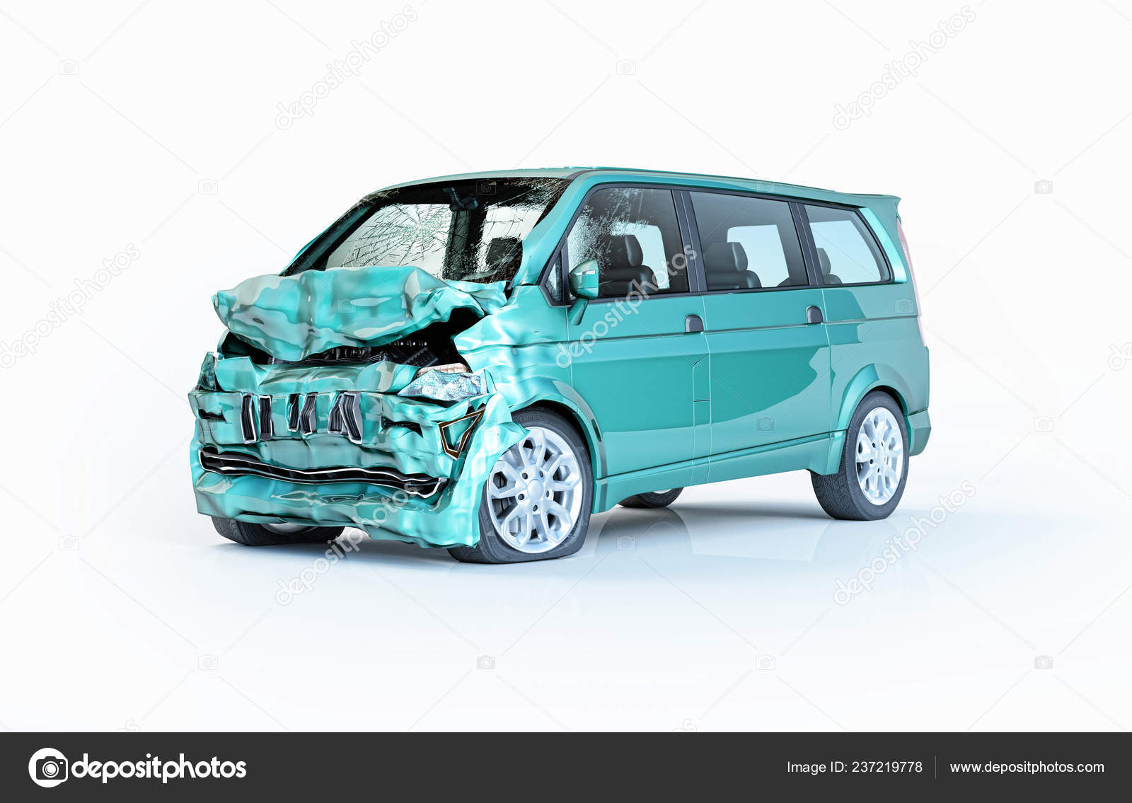 Single Car Accident Green Van Heavily Damaged Front Part Isolated Stock ...