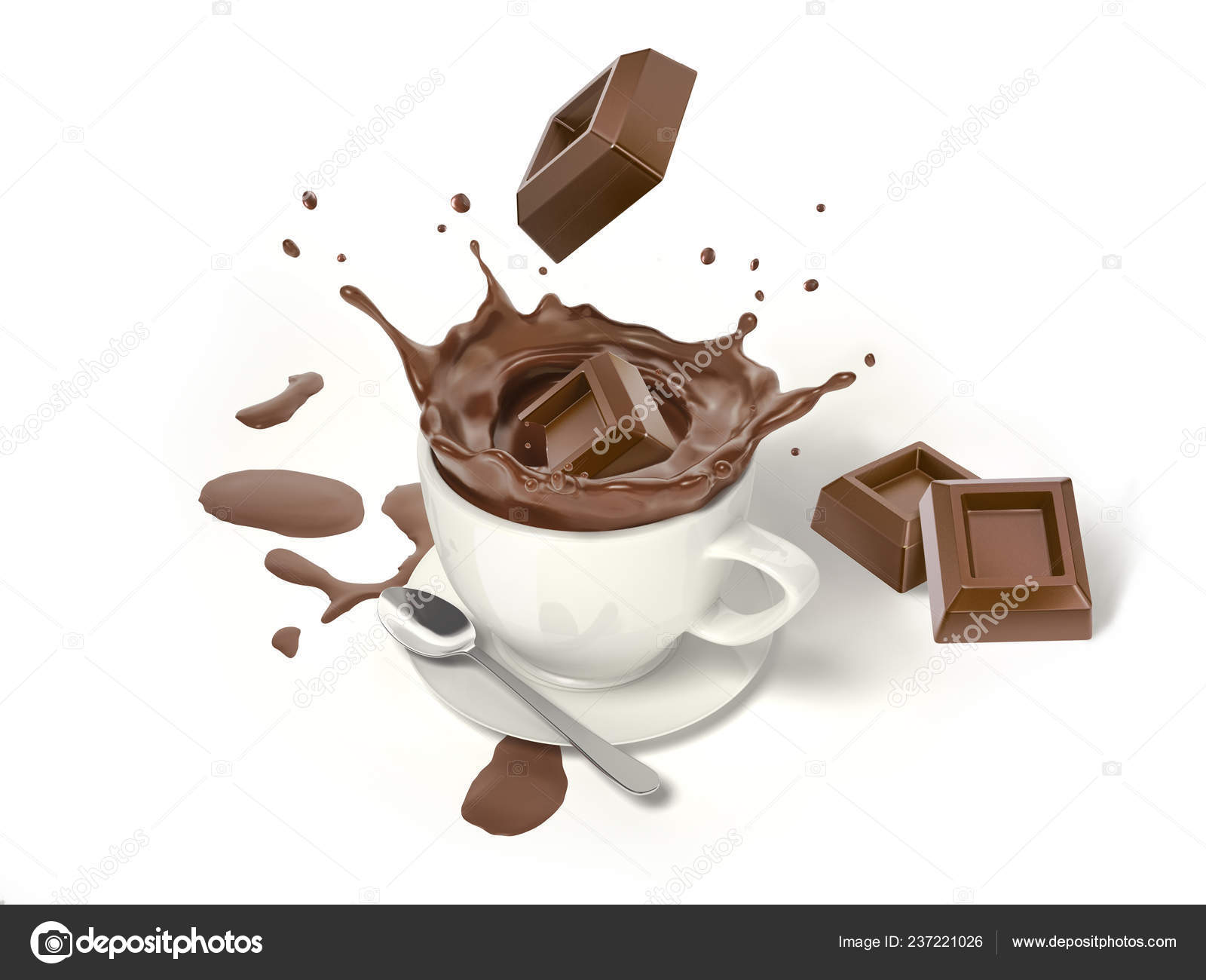 Two Chocolate Cubes Splashing White Cup Liquid Chocolate Splash Two ...