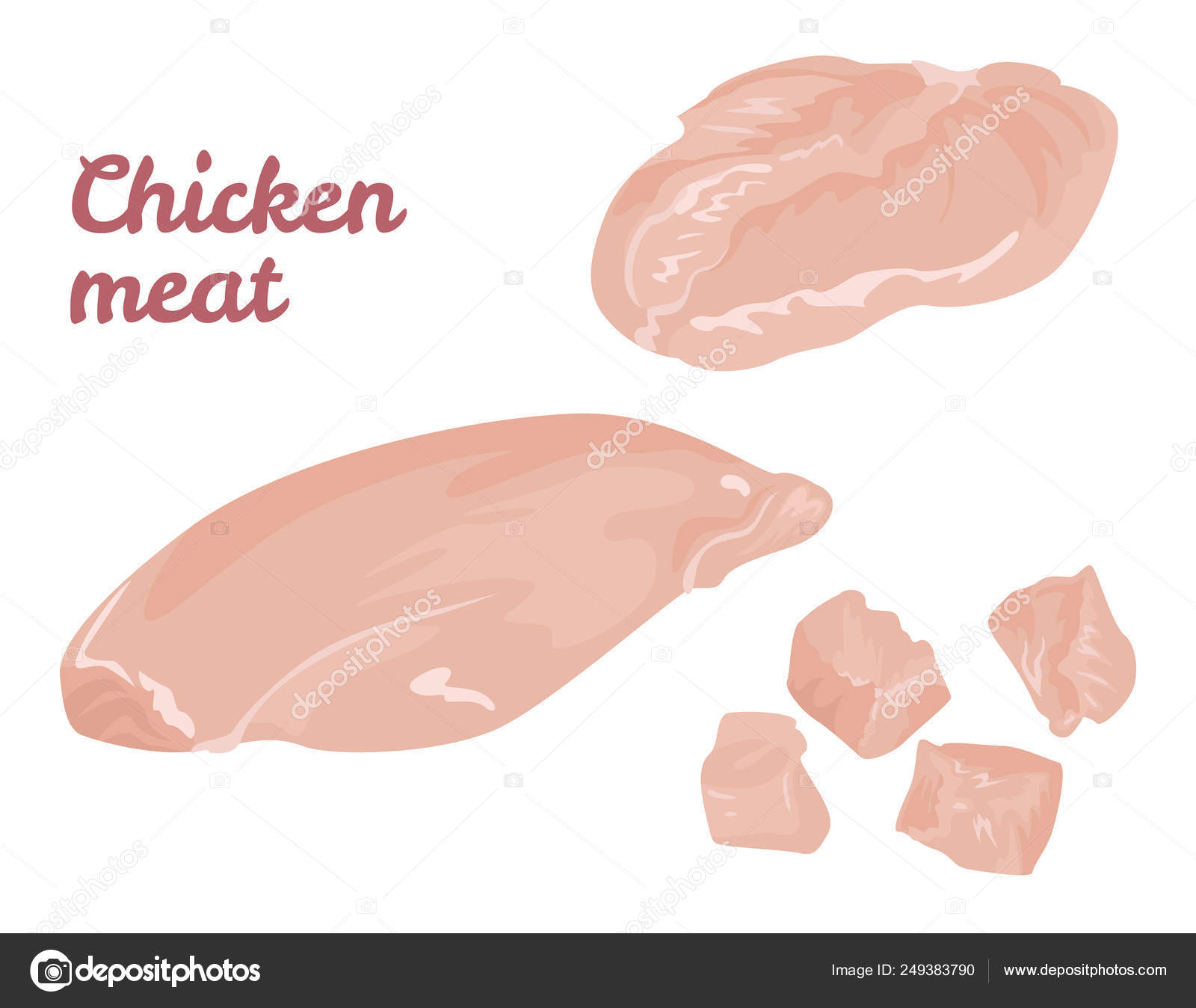 Chicken Meat Isolated White Background Fresh Fillet Diced Pieces Vector ...