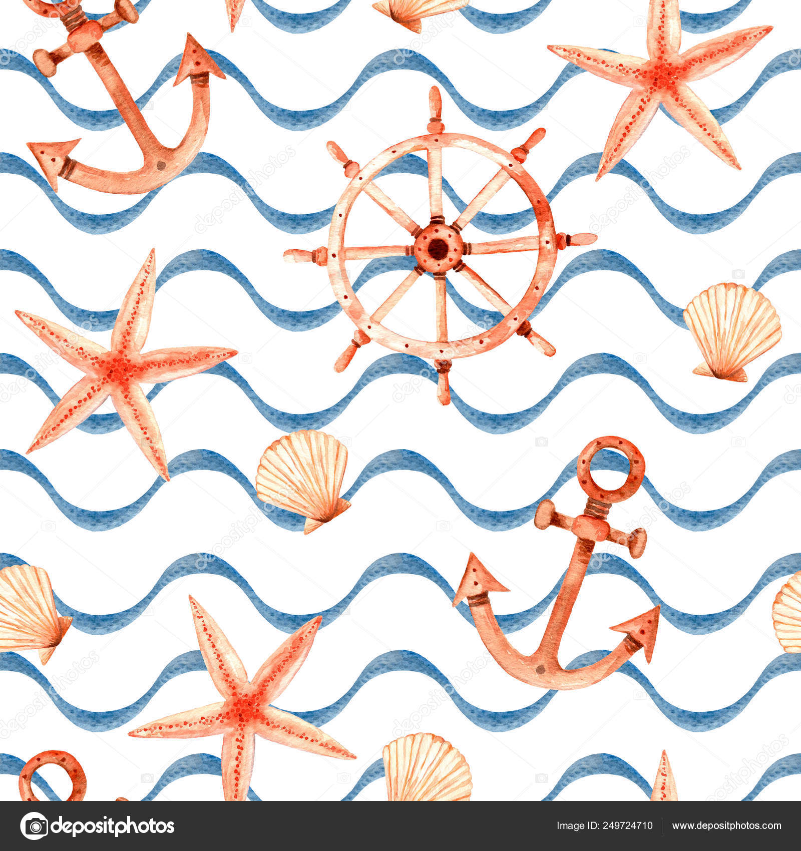 Watercolor Sea Seamless Pattern Shell Starfish Wheel Anchor White ...