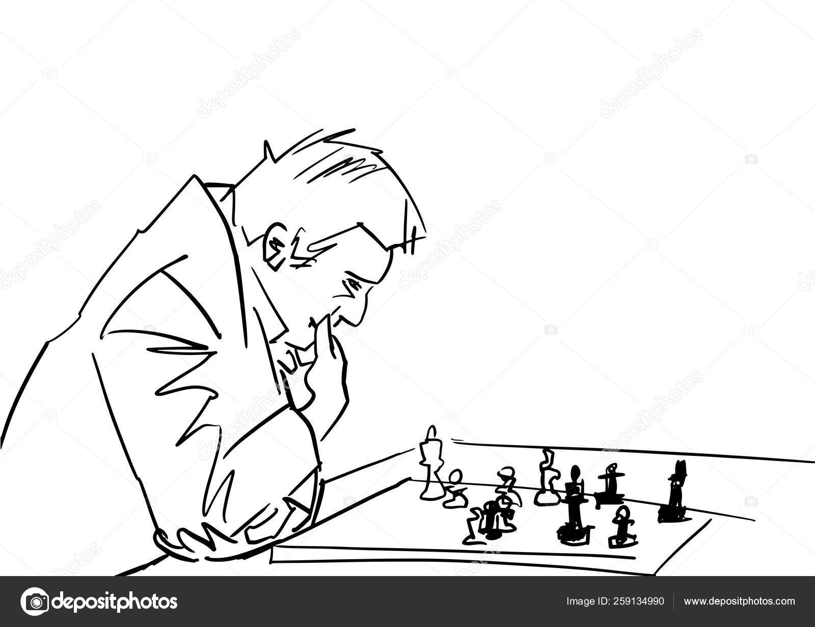 Chess player at the chessboard. Black drawing. — Stock Vector ...