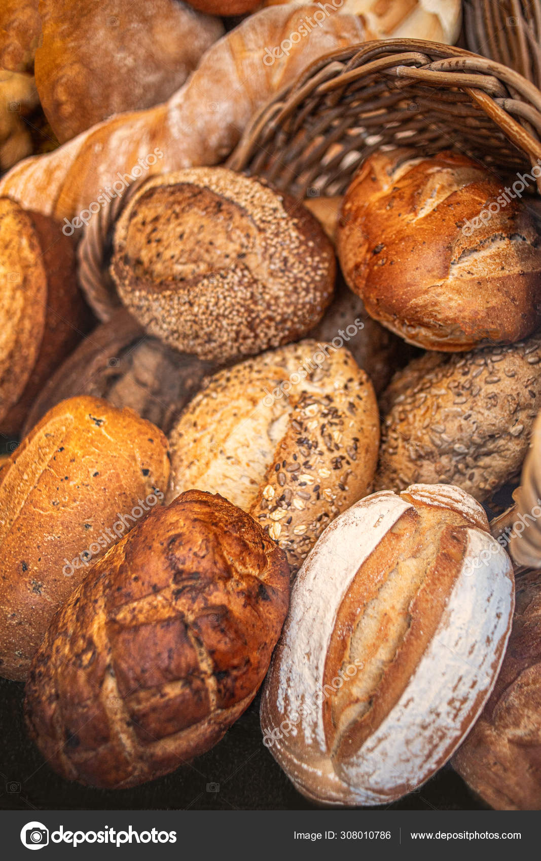 Mixed Fresh Bread as background, top view. Rustic loaves of bre Stock ...