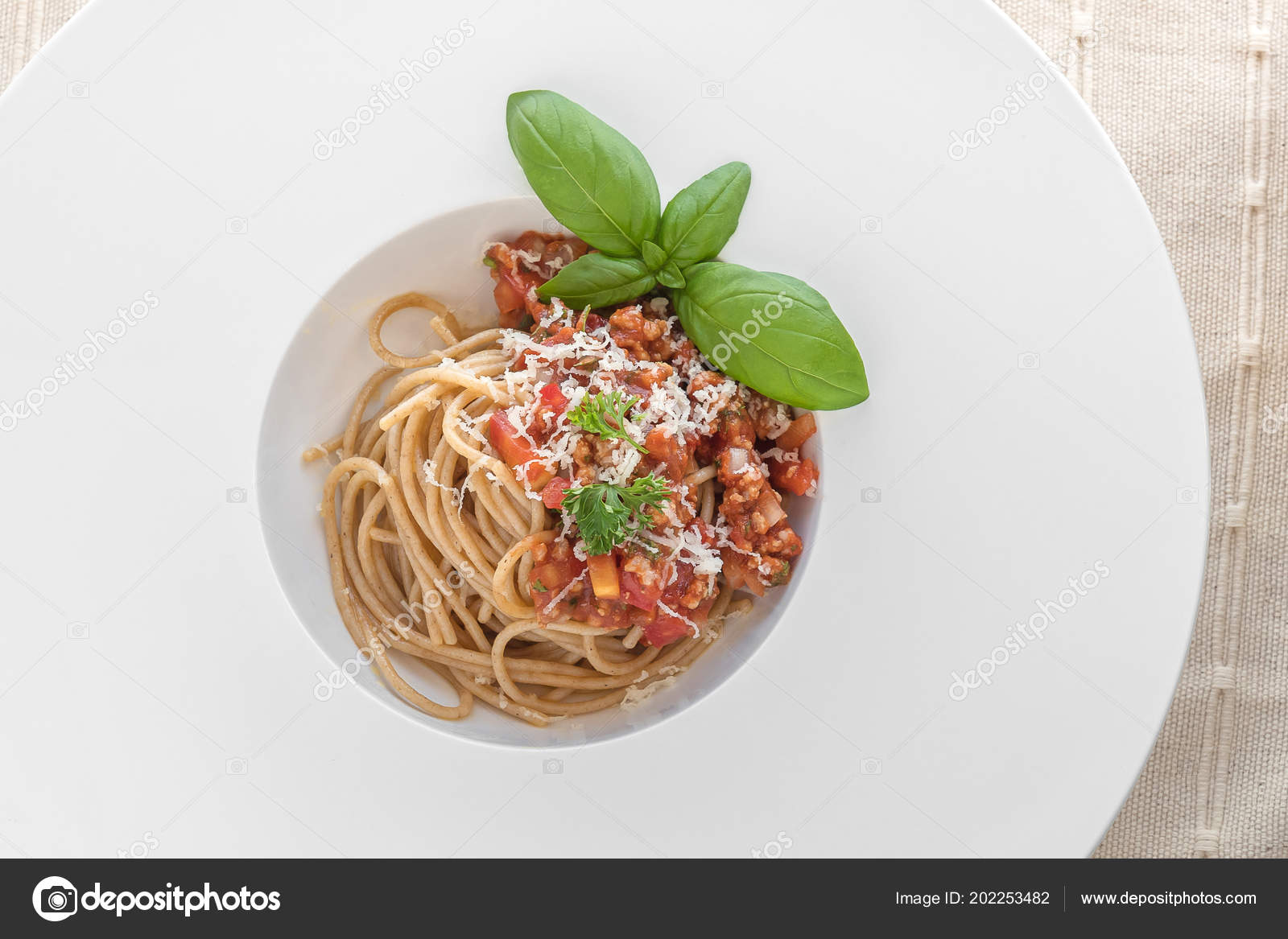 Top View Plate Spaghetti Topped Delicious Bolognaise Sauce Basil Stock ...