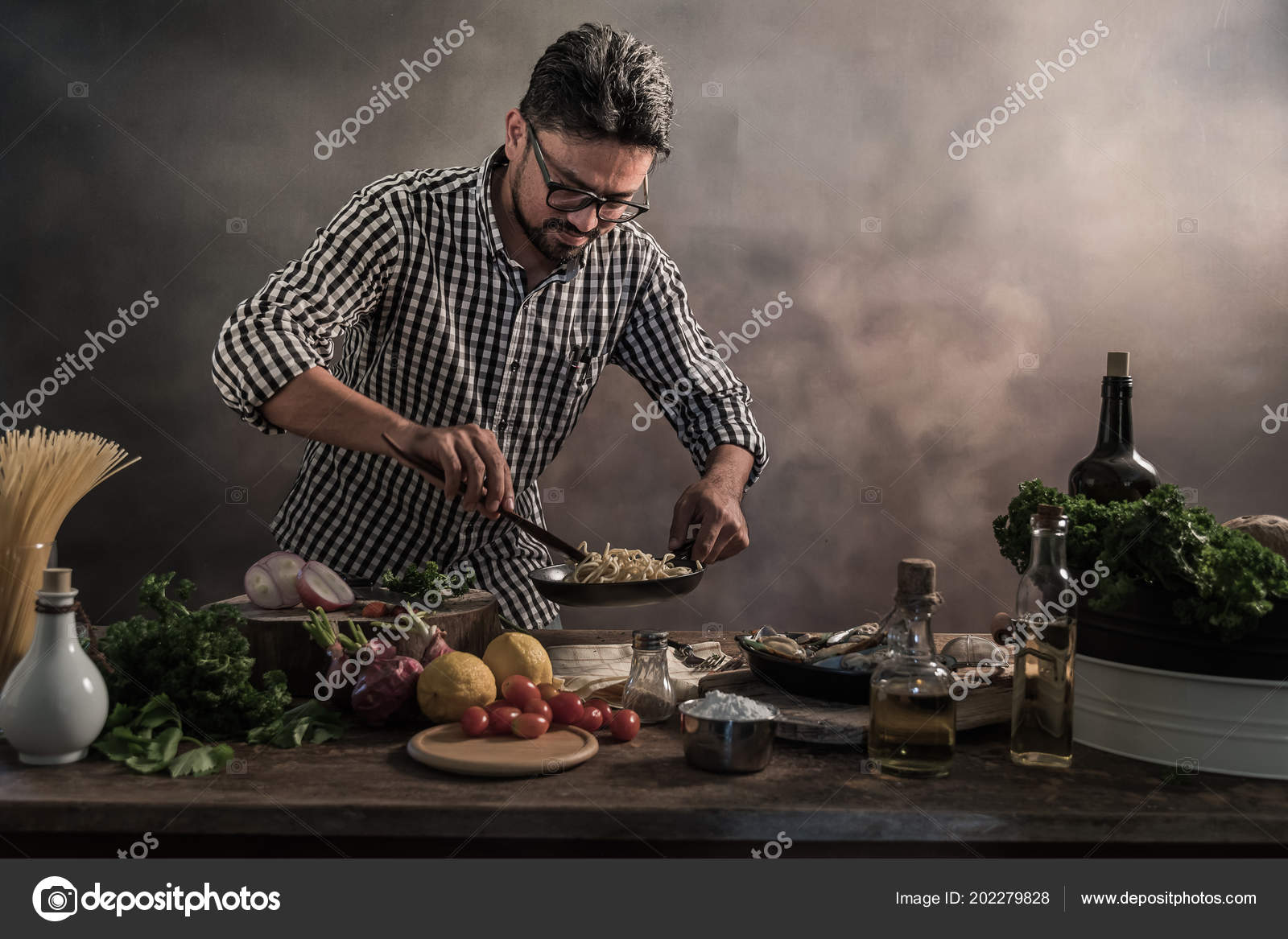 Bearded Cheef Checkered Shirt Preparing Spaghetti Kitchen Stock Photo ...