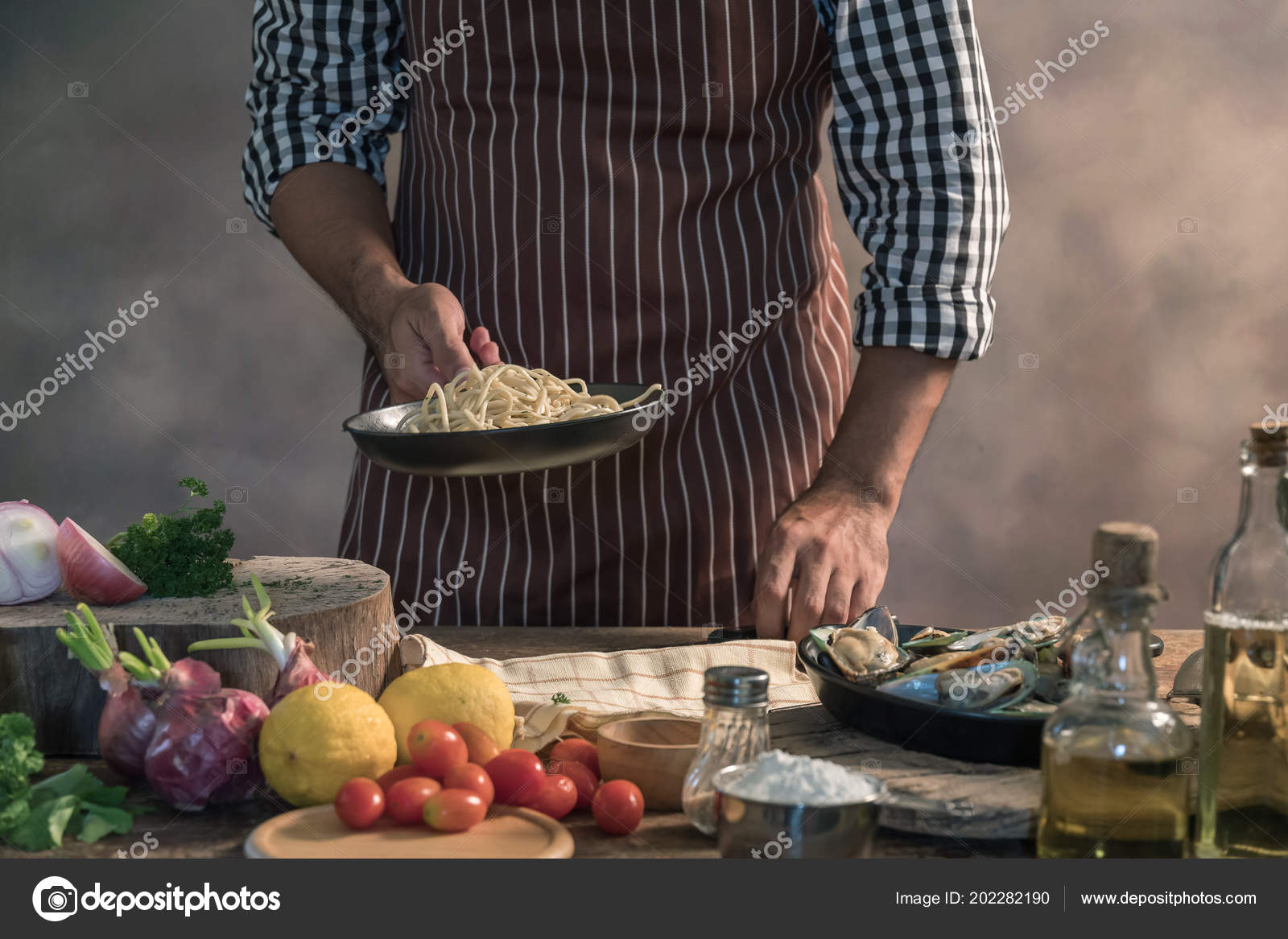 Cropped View Cook Brown Apron Preparing Spaghetti Seafood Kitchen Stock ...