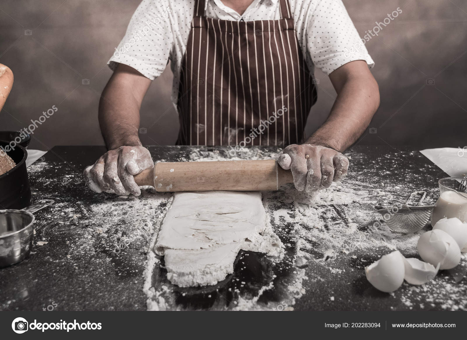Cropped View Man Rolling Out Dough Using Rolling Pin Table Stock Photo ...